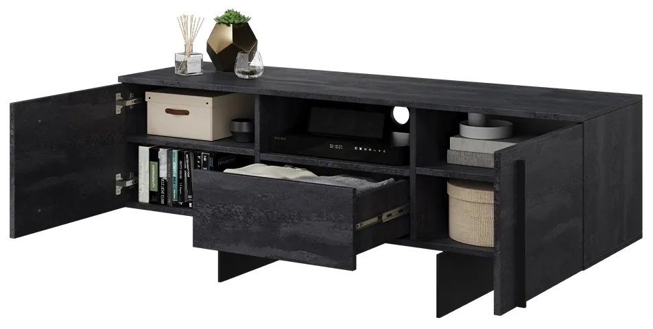 TV stolek Larena 150 cm s výklenkem - černý beton / černé nožky