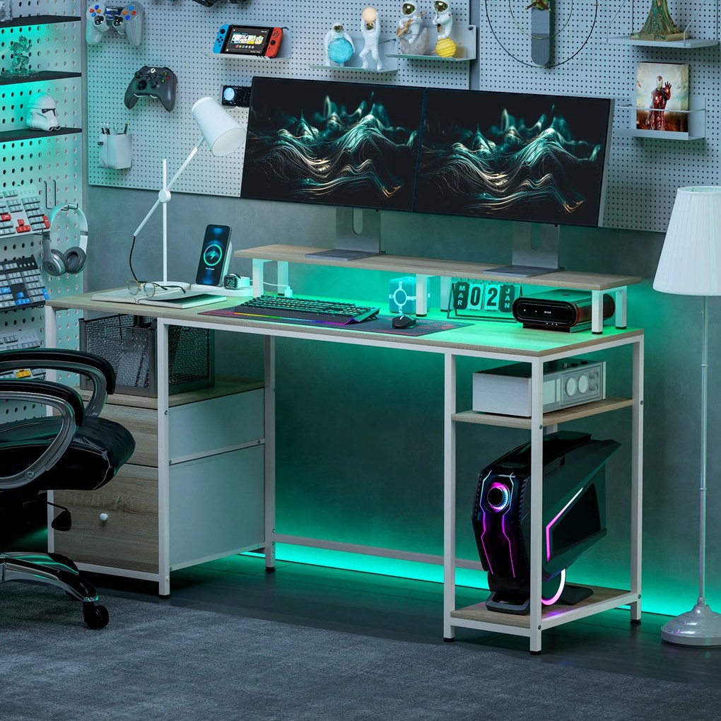 HOMCOM Psací stůl s LED osvětlením, poličkami, šuplíky, elektrickými zásuvkami a USB porty pro kancelář nebo studium 155,5x48x75,5 cm Přirozené | Aoso
