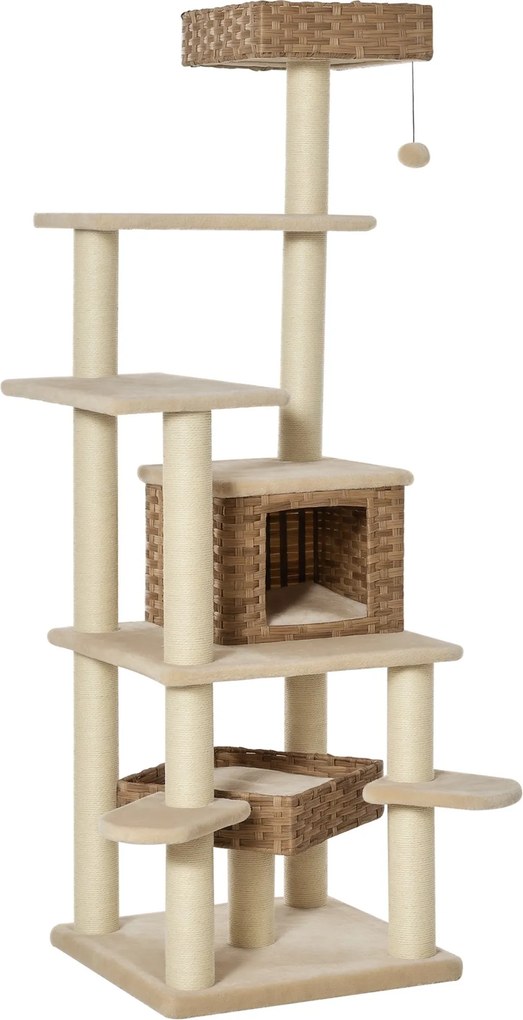 PawHut Ratanový Kočičí Strom s Kočičí Doupětem - Víceúrovňový Struktura pro Šplhání pro Kočky E1 MDF Sisal Béžová+Hnědá 55 x 55 x 174 cm | Aosom