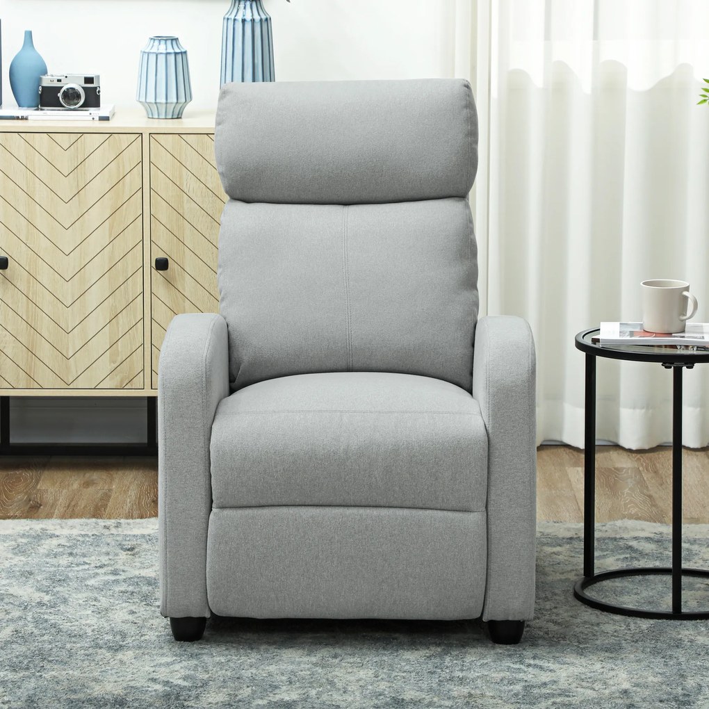 HOMCOM Relaxační křeslo, nastavitelné 135°, vysouvací podnožka, polstrovaná opěradla, lněný/polyester, světle šedá