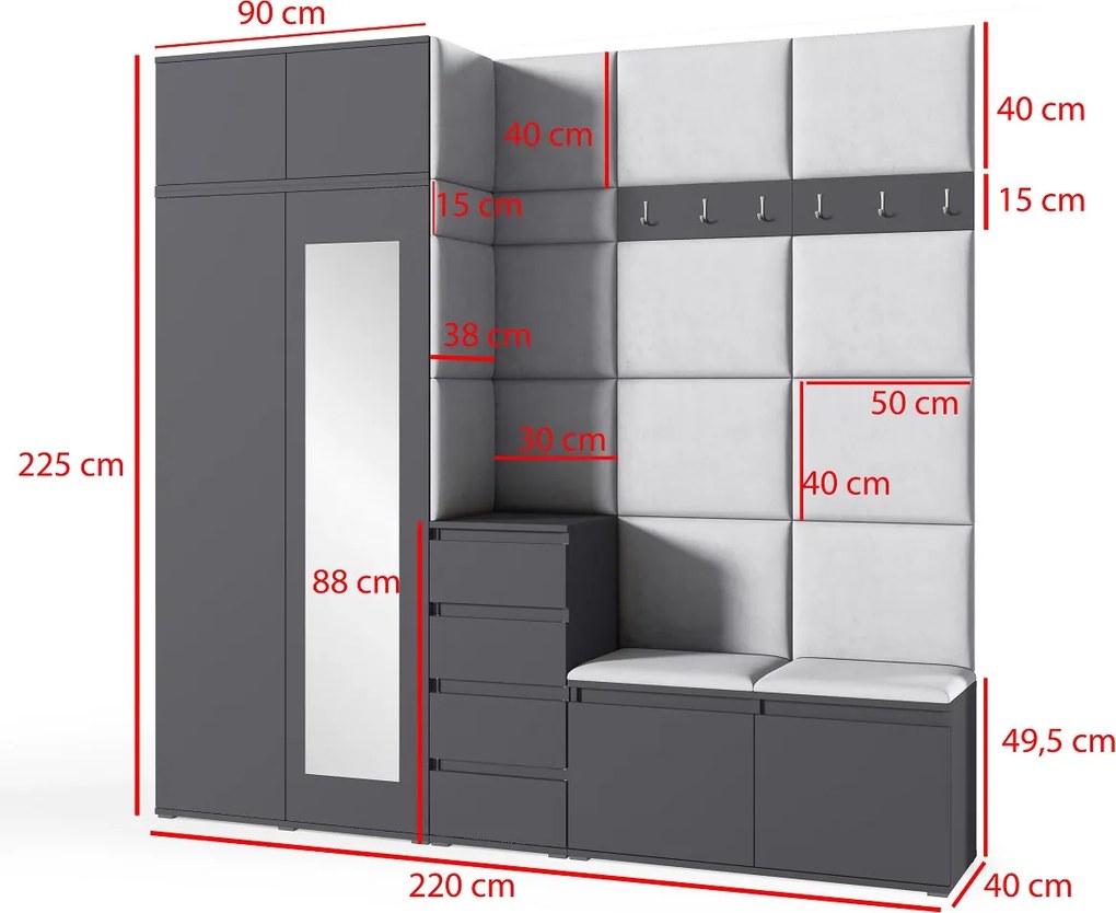 Eka Předsíňová stěna s čalouněnými panely Trinity 33 - Dub Artisan s černou / Tmavá modrá 2331