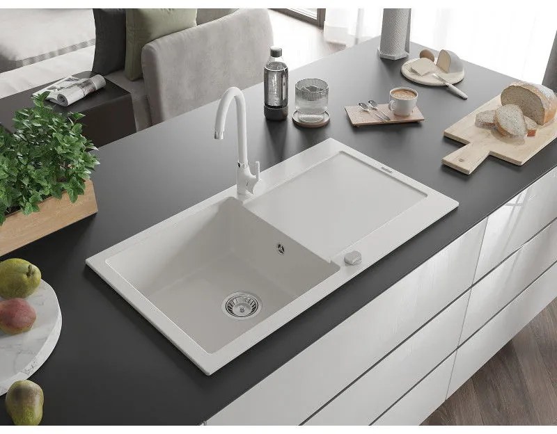Mexen Leo, 1-komorový granitový dřez s odkapávačem 90x50 cm a kuchyňskou baterií Telma, bílá, 6501-20-670200-20