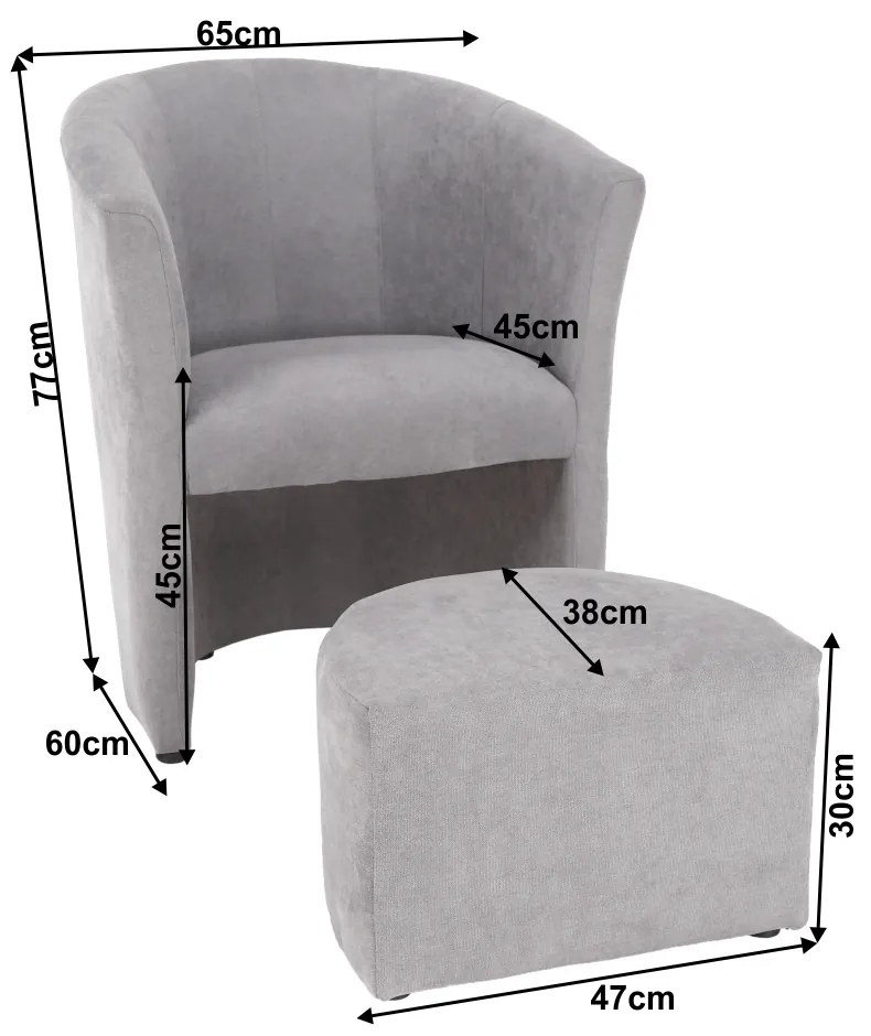 Křeslo s taburetem, látka šedá, ROSE