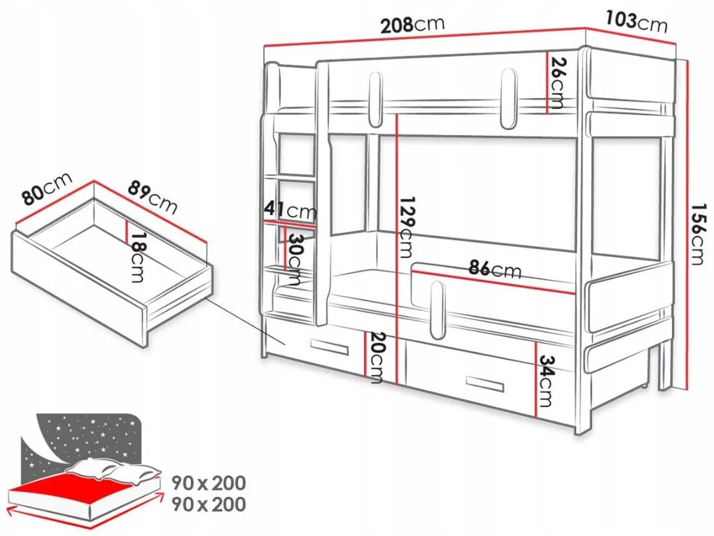 Dětská patrová postel z masivu borovice ETTORE se šuplíky - 200x90 cm - bílá/dub shetland