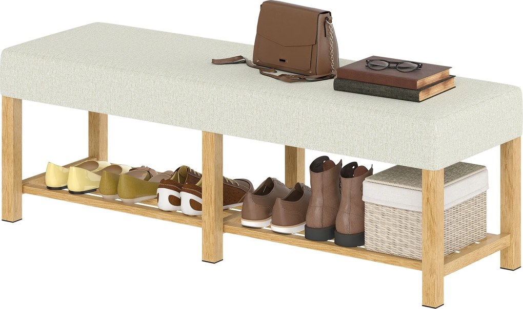 HOMCOM lavice na boty — moderní předsíňová lavice s čalouněným sedákem pro 2 osoby, otevřená police, rám z kaučukovníkového dřeva, 140 x 44 x 48 cm, k