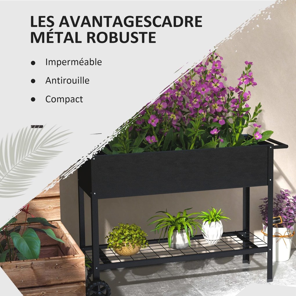 Metalová pěstební miska Outsunny se stojanem a policí 104L x 39Š x 80V cm 2 kola + zavlažovací vložka Černá