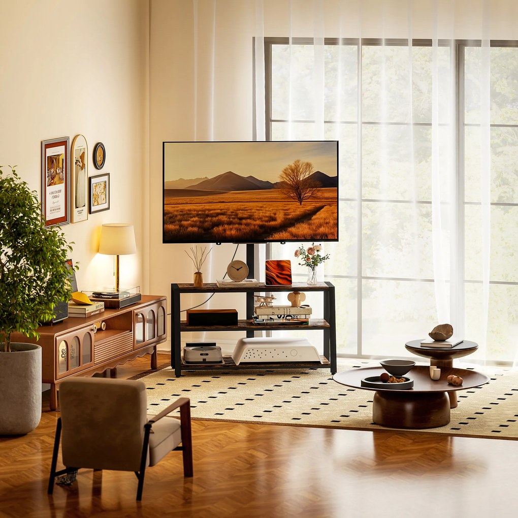 HOMCOM TV nábytek s držákem pro televizory od 81,3–177,8 cm, otevřené police, nastavitelný úhel 35°, 108x41x135 cm, hnědý
