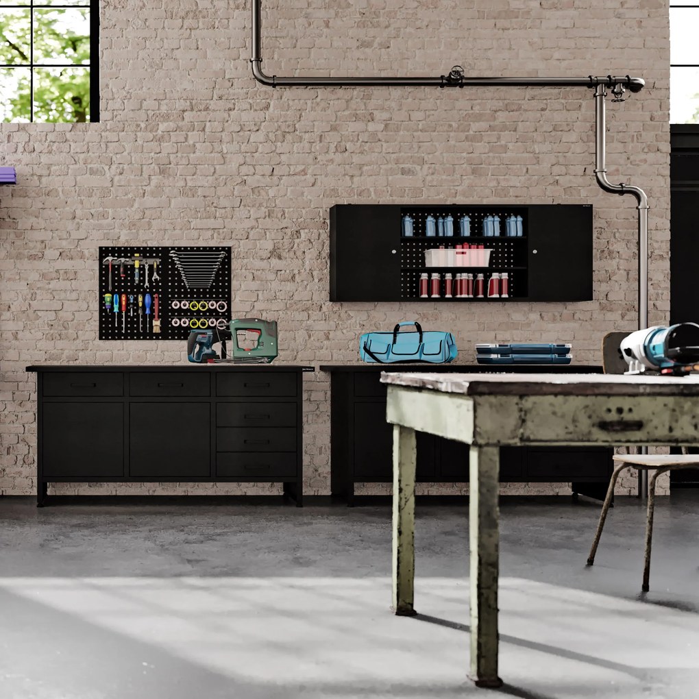 Závěsná dílenská skříň s perforovanou stěnou, černá, 1600x600x200 mm: LEO All Black