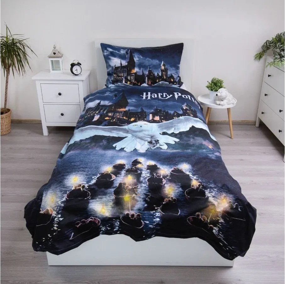 Tmavě modré/šedé dětské povlečení na jednolůžko z mikrovlákna 140x200 cm Harry Potter "Hogwarts Night" – Jerry Fabrics