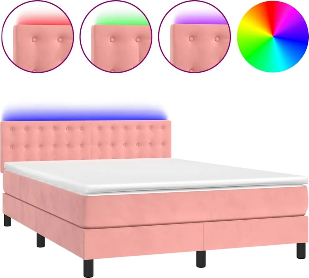 Box spring postel s matrací a LED růžová 140x200 cm samet 3134650