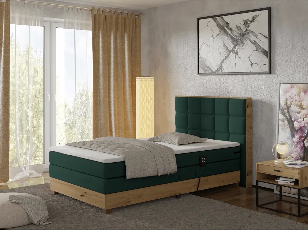 Elektrická polohovací postel, boxspring, zelená/dub artisan, 120x200, TIANA
