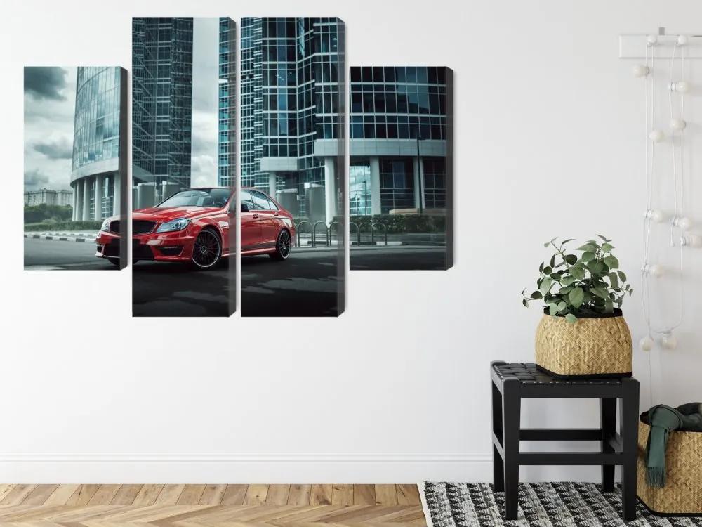 Vícedílný obraz Červené Auto Na Pozadí Moderních Mrakodrapů Nedostatek Nedostatek Přírodní plátno 200x150