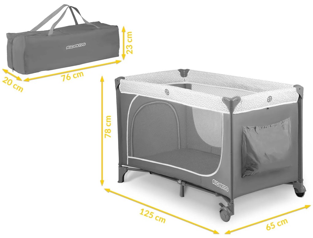 Ricokids Cestovní postýlka 125x65x78cm RK-241 šedá