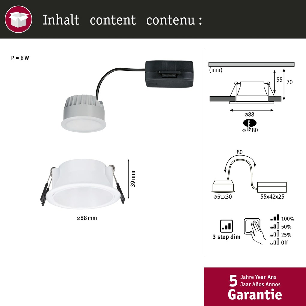 Paulmann 94872 LED Cole, bodovka v bílé úpravě, 1x6,5W LED 2700K tříkrokové stmívání, prům. 8,8cm, IP44