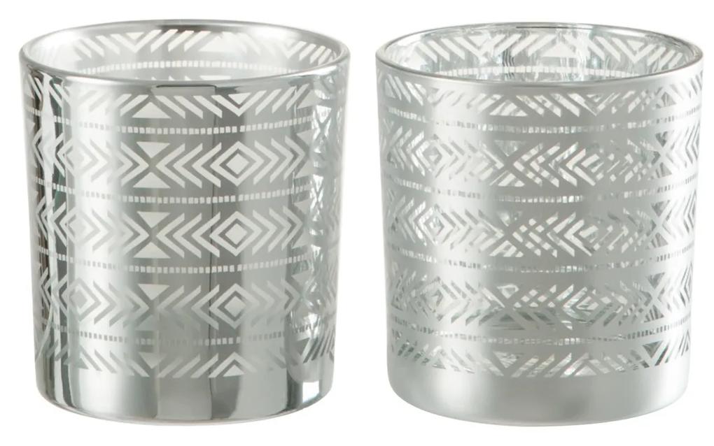 2ks Stříbrné skleněné svícny na čajovou svíčku s etnickým vzorem - 7,3*7,3*8 cm
