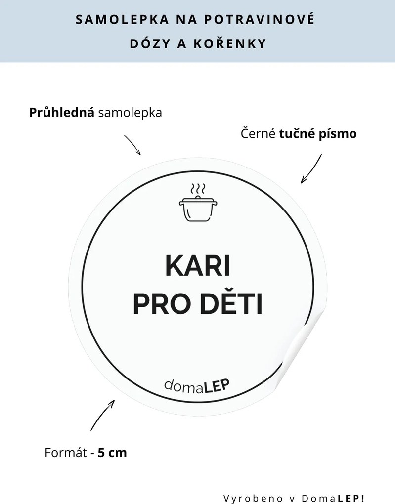 Samolepka na kořenky KARI INDICKÉ KARI PRO DĚTI průhledná 5 cm tučné písmo