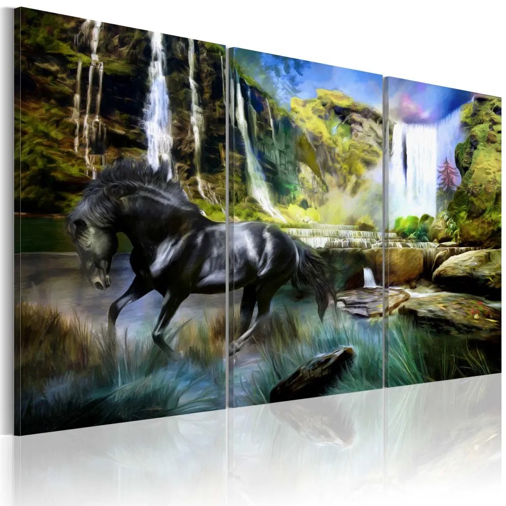 Obraz na plátně Bimago - Horse on the sky-blue waterfall background 60x40 cm