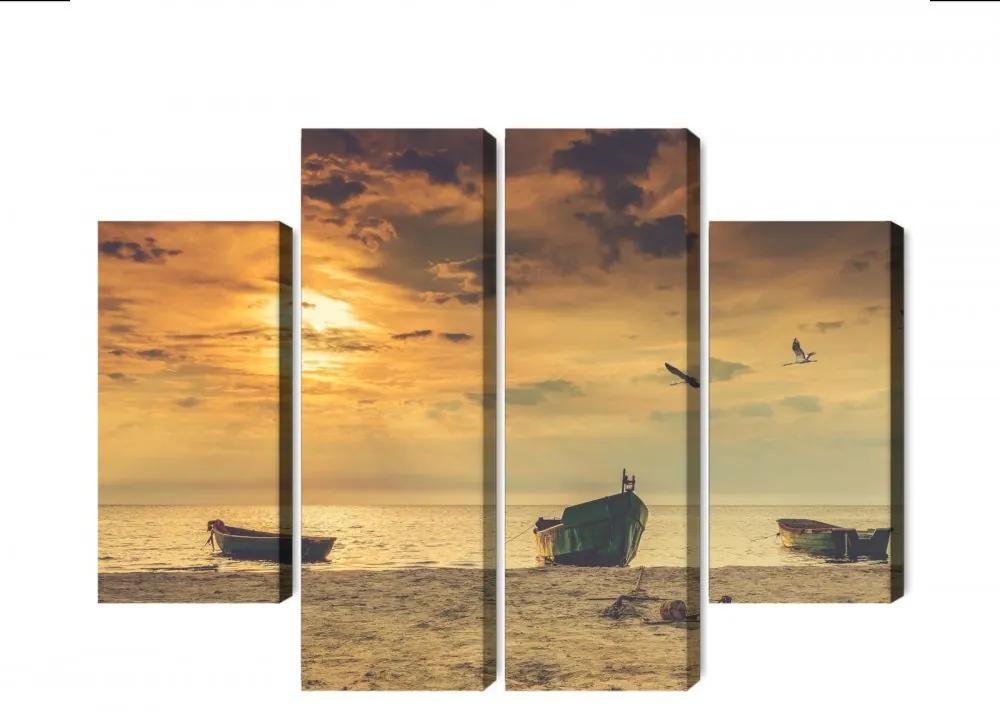 Vícedílný obraz Lodě Na Pláži Při Západu Slunce Nedostatek Nedostatek Přírodní plátno 160x120