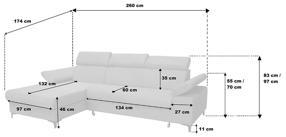 Sedací souprava FIGARO | 174x260 cm | LEVÁ | rozkládací + úložný prostor | vysoký sed | VÝBĚR TKANIN
