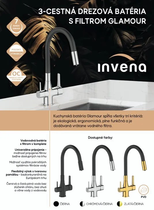 Invena Magic, stojánková dřezová baterie s flexibilním ramenem a filtrem na pitnou vodu, černá-měděná matná, INV-BZ-02-F15-V