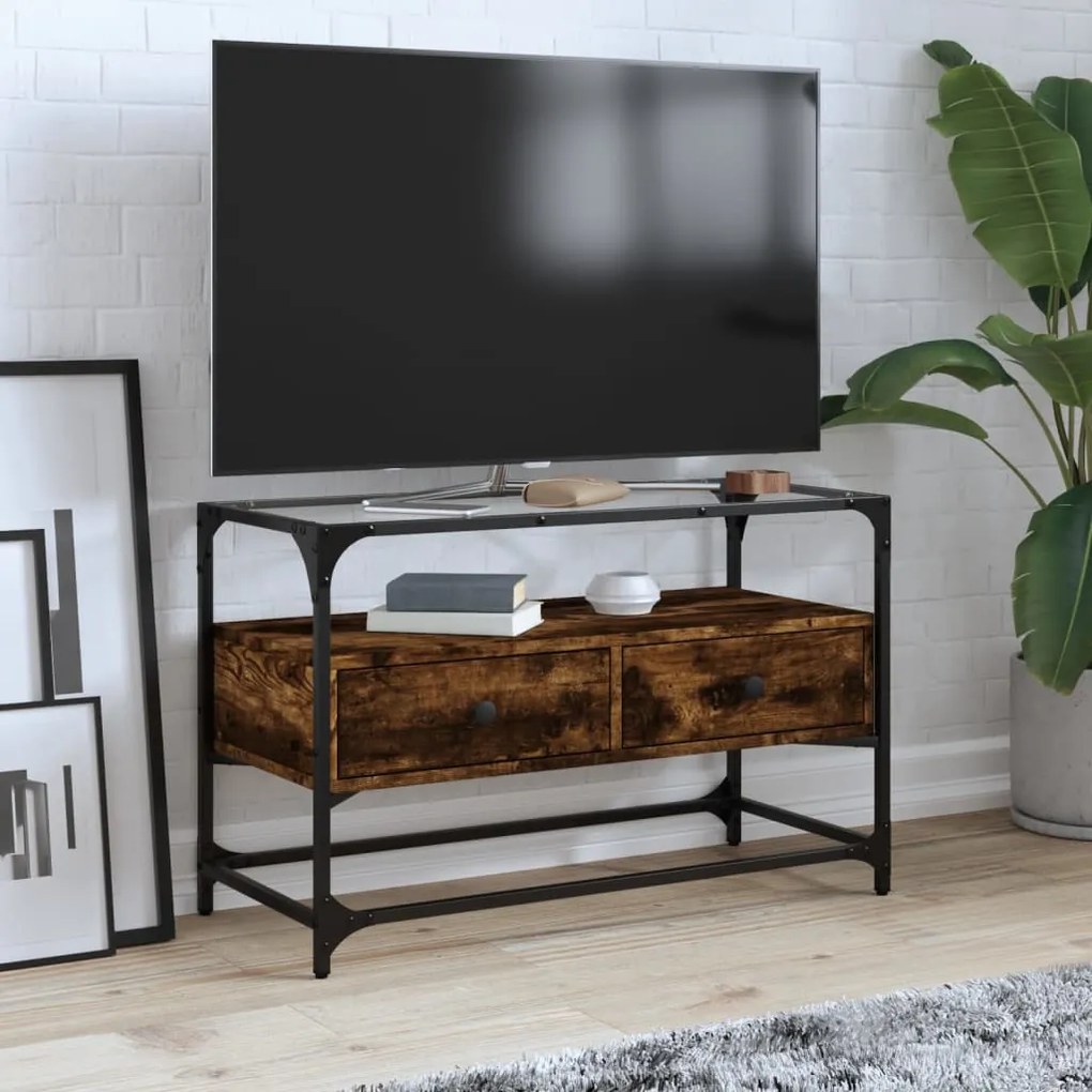 TV skříňka se skleněnou deskou kouřový dub 80x35x51 cm kompozit