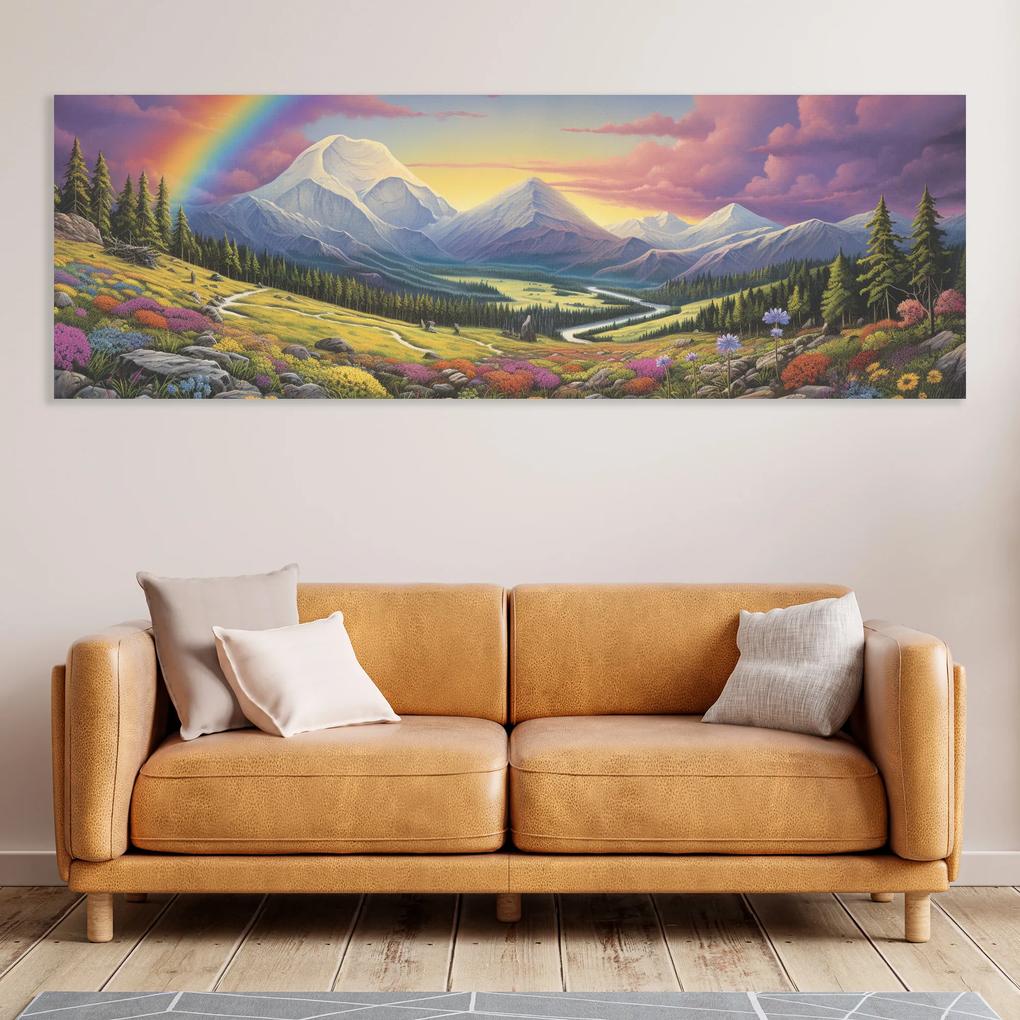 Obraz na plátně - Jehličnaté lesy a hory s duhou FeelHappy.cz Velikost obrazu: 240 x 80 cm