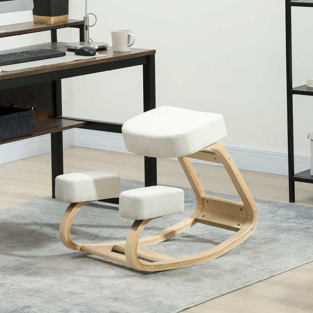 Vinsetto Kolenní židle, ergonomická posezení, polstrovaný stolek pro zdravé sezení, březové dřevo, nosnost 120 kg, krémově bílá