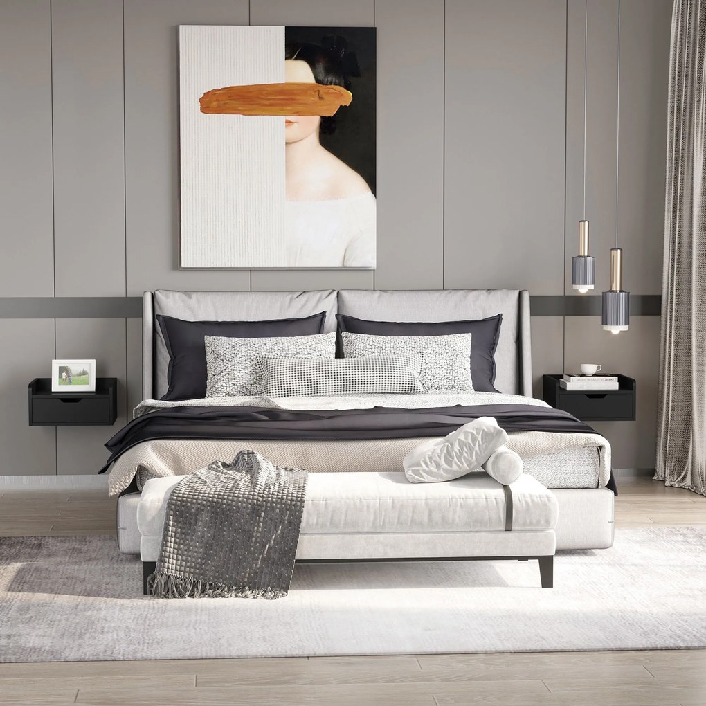 HOMCOM Sada 2 nástěnných nočních stolků s 1 šuplíkem pro ložnici, jednoduchý design 40x30x19,5 cm černá | Aosom