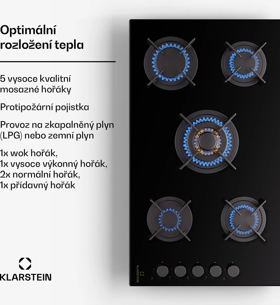 Klarstein Goldflame 5, plynová varná deska, samostatná, 5 hořáků, boční ovládání, plyn/propan, sklokeramická, černá