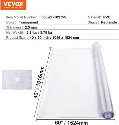PVC chránič stolu 101,6 × 152,4 cm průhledný plastový tloušťka 2,0 mm