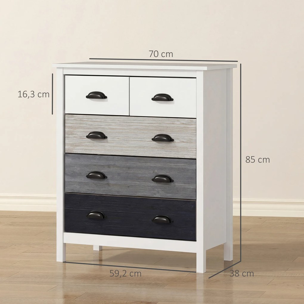 HOMCOM Komoda Úložná skříňka s 5 zásuvkami Ochrana proti překlopení do ložnice Obývací pokoj v bílé barvě 70x38x85cm