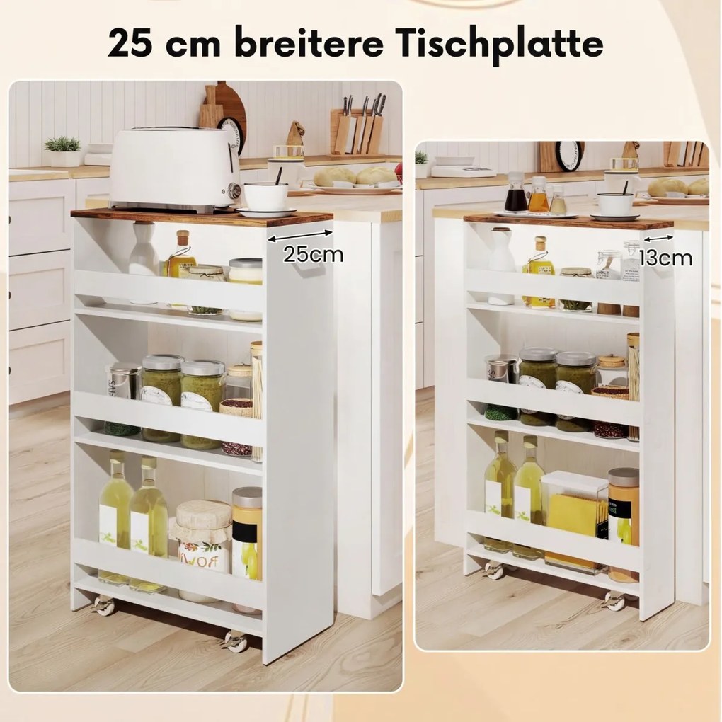 Costway 25 cm Slim Kitchen Cart 4 Tier Rolling Storage Cart White a Rustic Brown