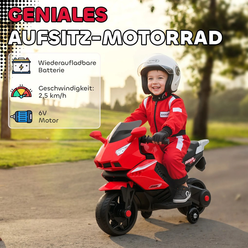 AIYAPLAY Elektrická motorka pro děti, klakson, světla, hudební funkce, 2,5 km/h, červená