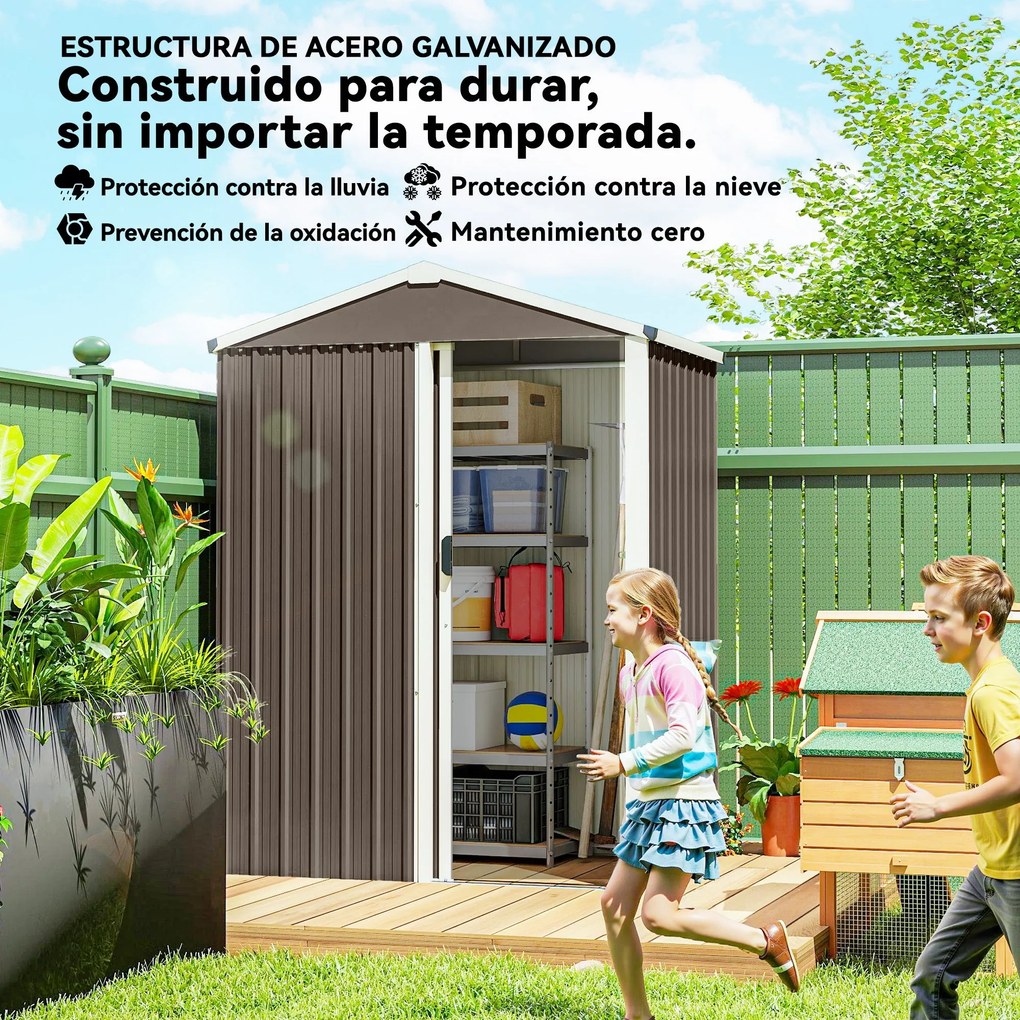 Outsunny kovová zahradní kůlna — 1,18 m² (136 × 87 × 179 cm) | Posuvné dveře, šikmá střecha, včetně rukavic, hnědá