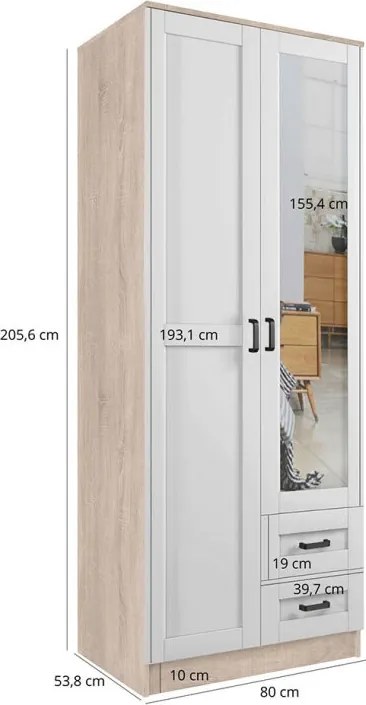 Skříň se zrcadlem 2D2S Rama dub sonoma / bílá Kami