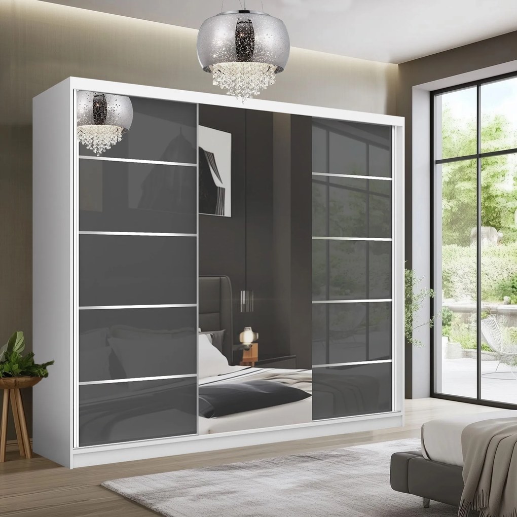 Šatní skříň SERENITY 232 cm Belini bílý mat / šedý lesk s posuvnými dveřmi a zrcadlem  MGB SERENITY SZP8/0/W/S/0/HIAL