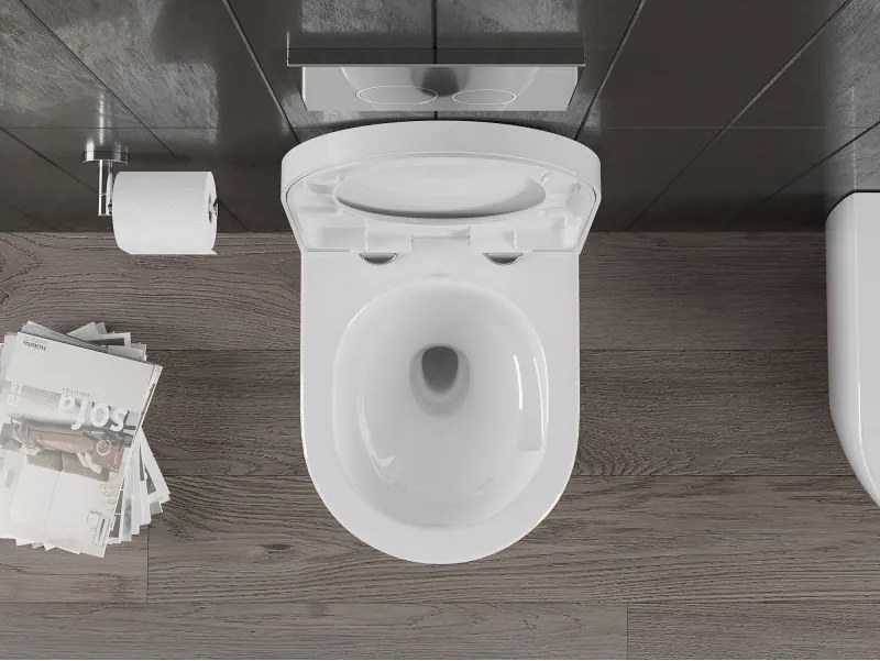 Mexen Carmen, závěsná WC mísa 490x365x340 mm, Rimless Tornádo + WC sedátko z duroplastu, bílá lesklá, 30880200T