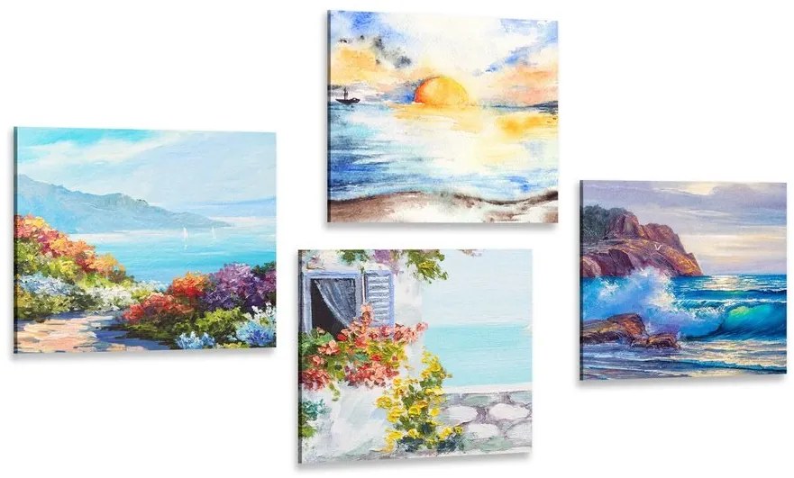 Set obrazů výhled na moře v imitaci malby - 4x 60x60 cm | BIANO