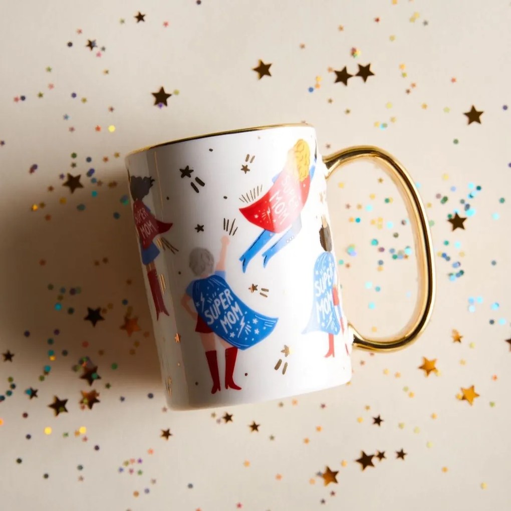 Rifle Paper Co. Porcelánový hrnek Super Mom 470 ml, bílá barva, zlatá barva, porcelán