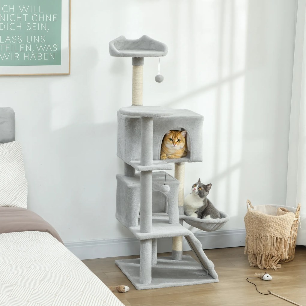 PawHut Kočičí škrabadlo 140 cm, strom pro kočky, pelíšky, hamaka, sisalové sloupky, více úrovní, světle šedé