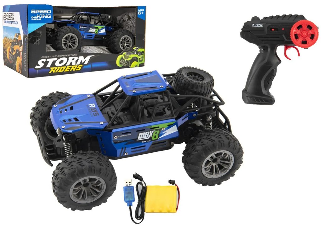 Auto rc buggy terénní modré 22cm plast 2,4ghz na baterie + dobíjecí pack v krabici 32x16x18cm