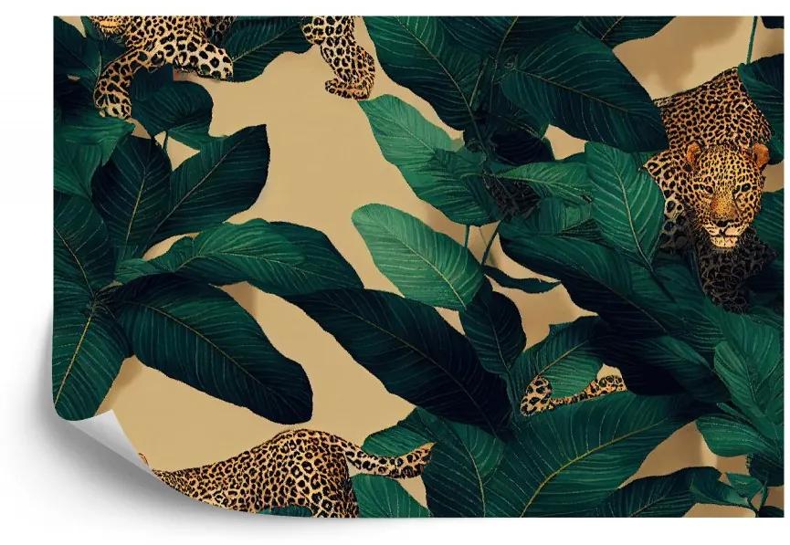 Fototapeta Seamless Tropical Pattern With Exotic Trees, Leopards, And Palm Leaves. Abstract Jungle Pattern With Leopards, Digital Vliesová tapeta 254x184