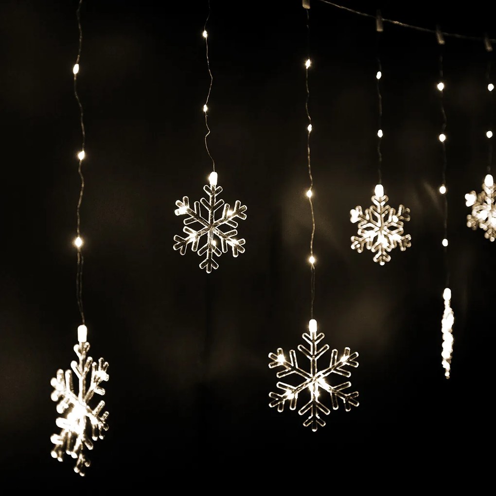 Světelný venkovní závěs Snowflakes, 200x60cm, LED, teplá bílá, časovač, 8 funkcí, na baterie, 200 cm