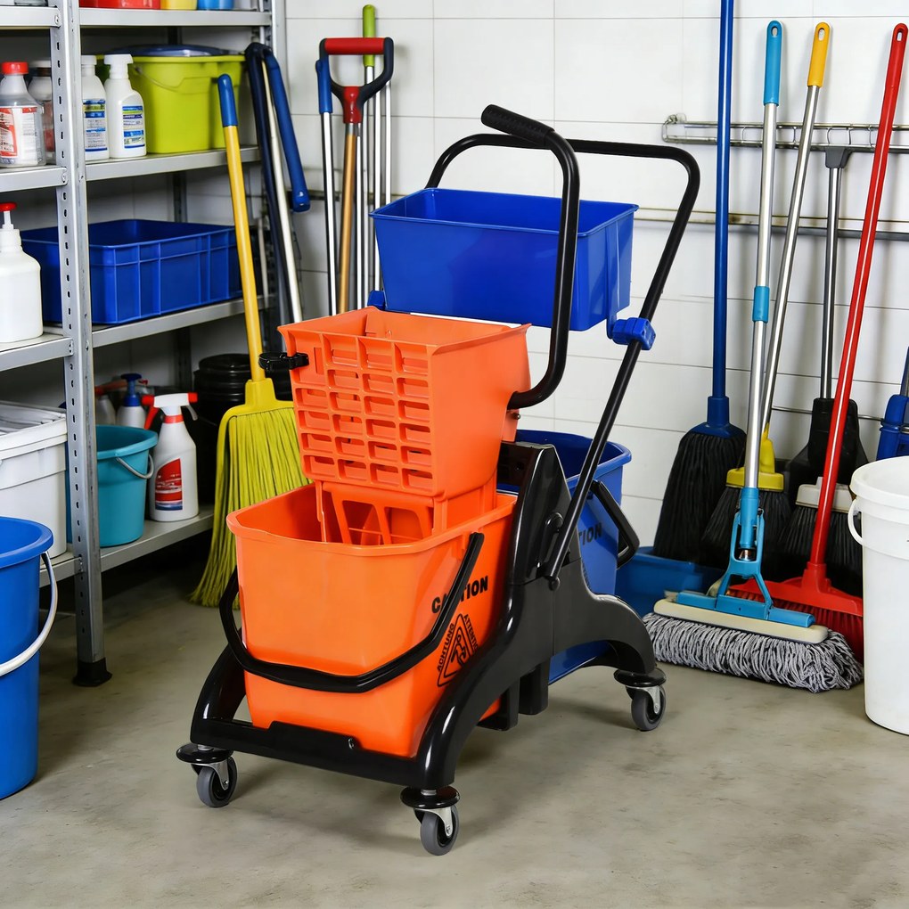 Úklidový vozík HOMCOM 26 litrů s lisem, kbelík na mop s kolečky, oranžový