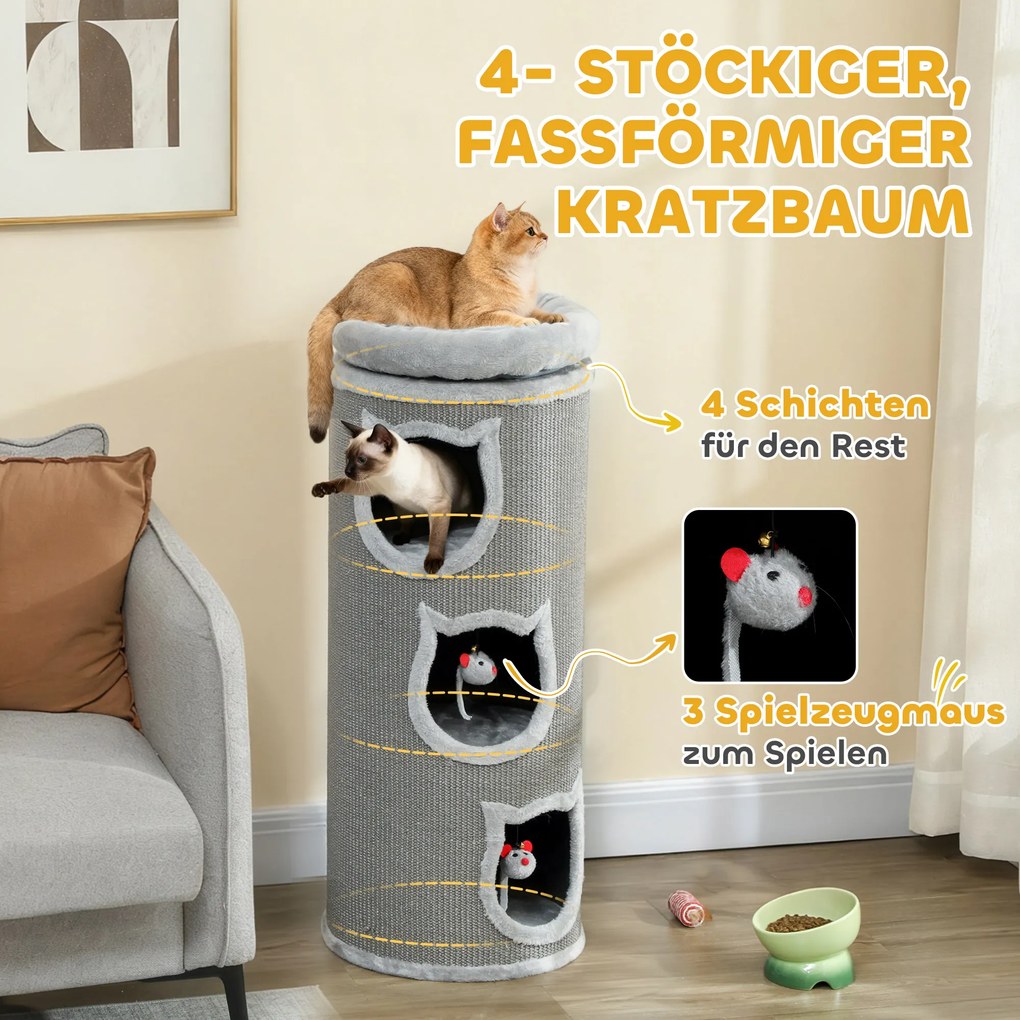 PawHut Škrabadlo pro kočky, 96 cm, 4patrová kočičí věž s pratelnou postýlkou, 3 spací jeskyně, závěsné hračky, pro více koček, šedá