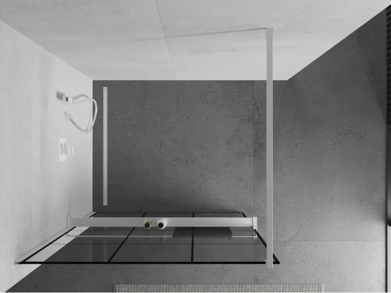Mexen Kioto+, sprchová zástěna Walk-In s poličkou a věšákem 120 x 200 cm, 8mm čiré sklo černý vzor, ​​bílý profil, 800-120-121-20-77