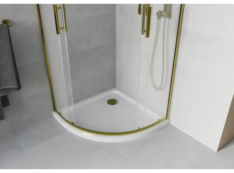 Mexen Rio, čtvrtkruhový sprchový kout s posuvnými dveřmi 80 (dveře) x 80 (dveře) x 190 cm, 5mm sklo námraza, zlatý profil + bílá sprchová vanička SLIM, 863-080-080-50-30-4110G