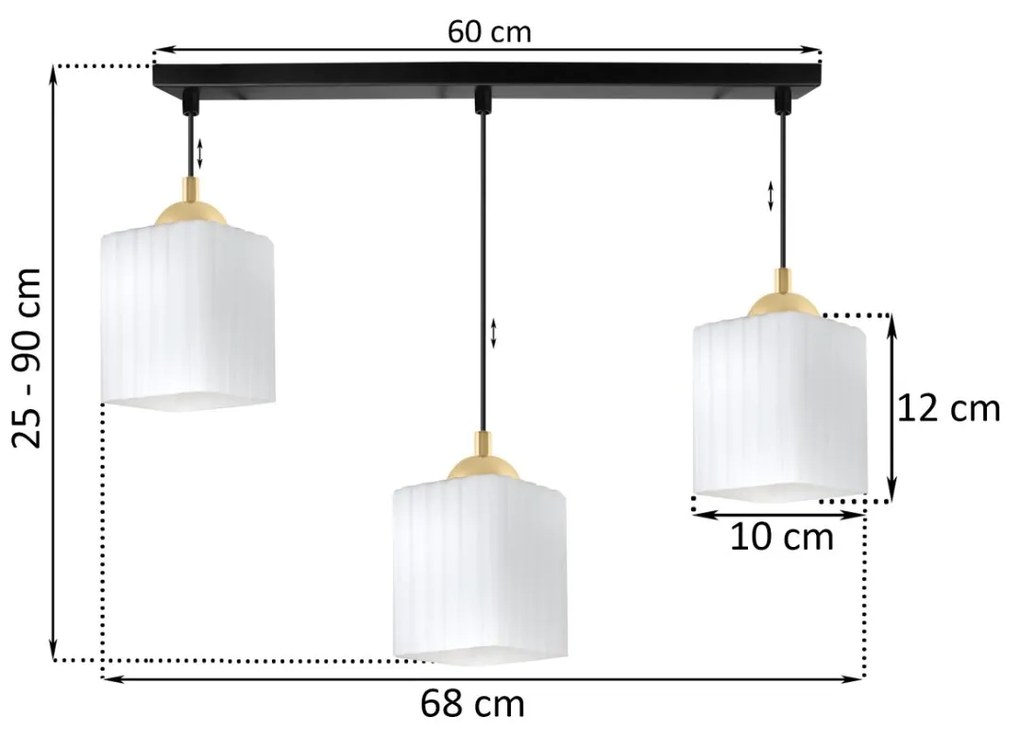 Závěsné svítidlo Riffle Square, 3x bílé skleněné stínítko, b/g