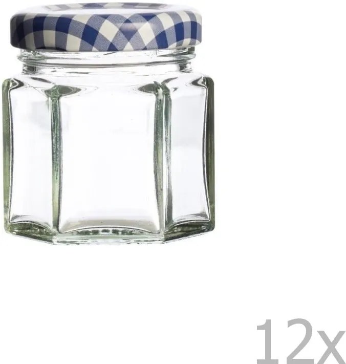 Sada 12 zavařovacích sklenic s modrým víčkem Kilner Hexagonal, 48 ml