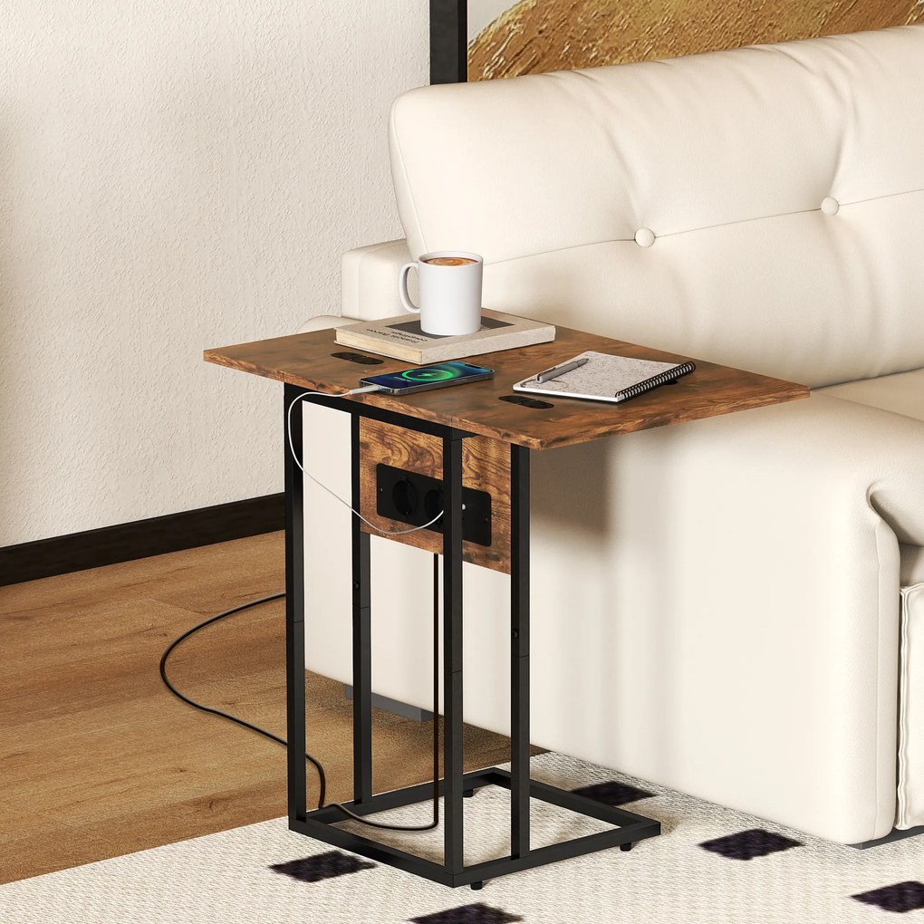 HOMCOM Skládací příruční stolek, nabíjecí stanice s USB porty, kov, 39 x 29 x 57 cm, hnědá